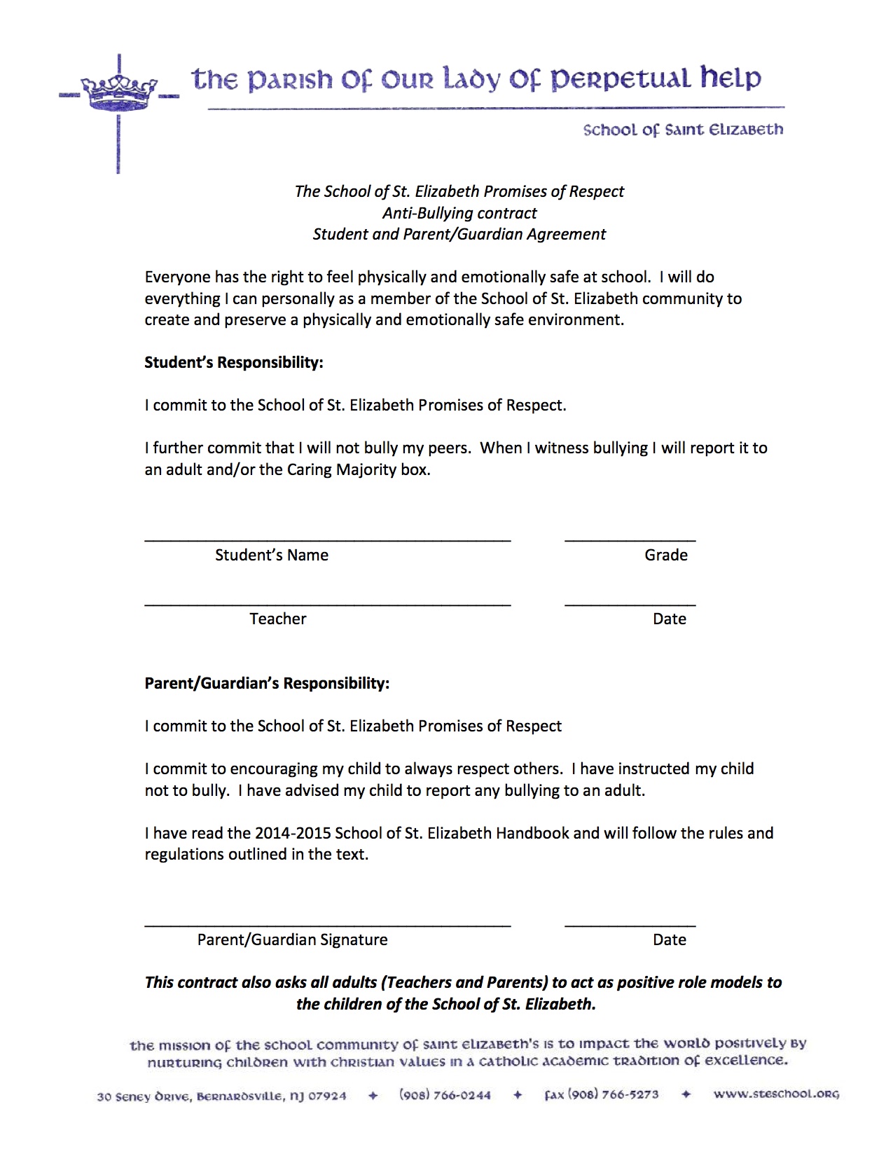Promises of Respect Contract - School Of Saint Elizabeth