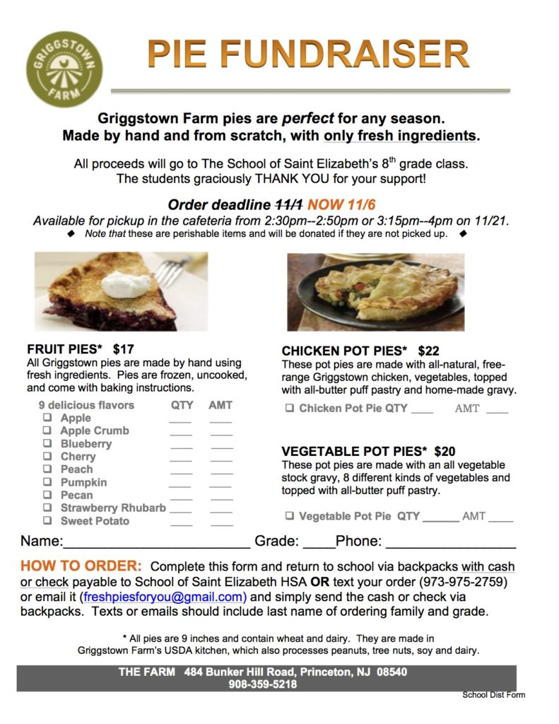 Eighth Grade Class Pie Fundraiser - School Of Saint Elizabeth