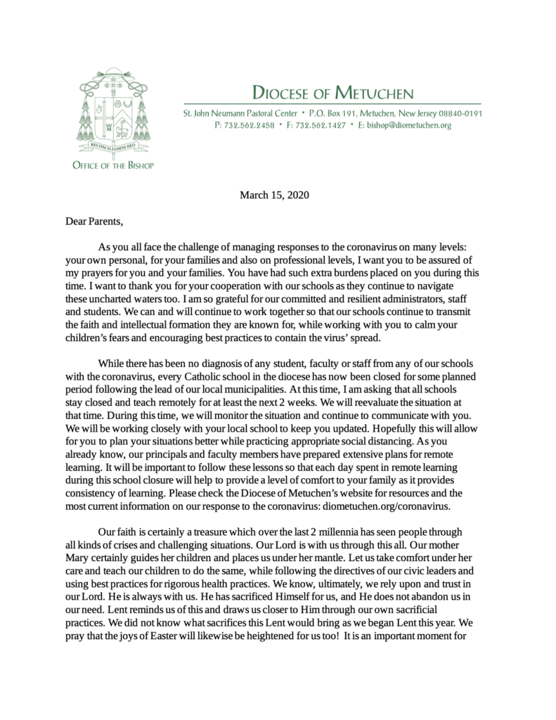 Bishop Checchio's Letter to Parents - School Of Saint Elizabeth
